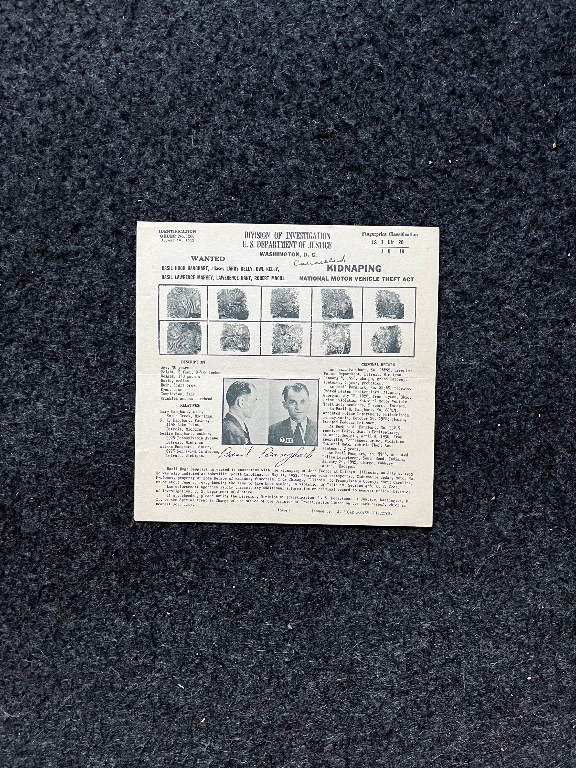 Authentic 1930s Joseph Cretzer, Cretzer-Kyle Gang, FBI Wanted Poster w ...